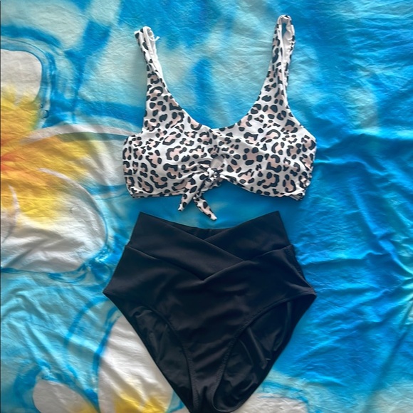 aerie | Swim | Leopard Print Bikini Top And Black Highwaisted Bottoms ...